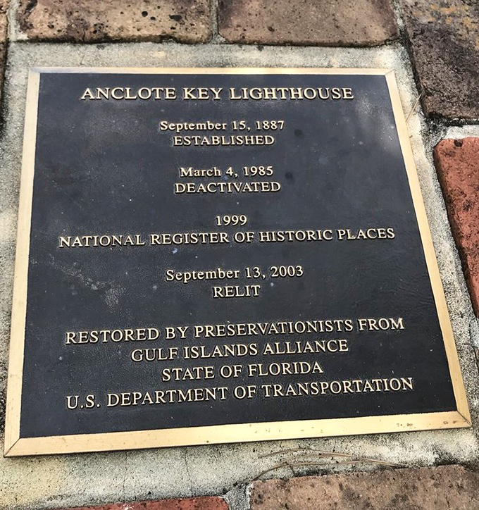 Plaque: This bronze storyteller reveals Anclote's journey from 1887 establishment to 2003 rebirth, a testament to preservation passion.