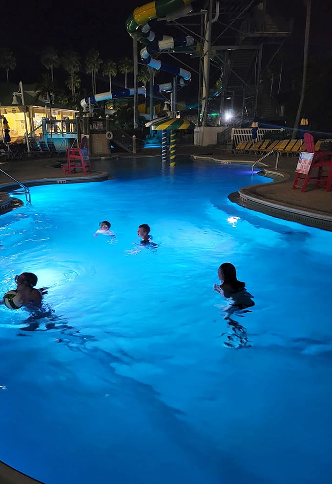 Evening swimming hits different when the lights come on and the park transforms into an illuminated aquatic wonderland under the stars.