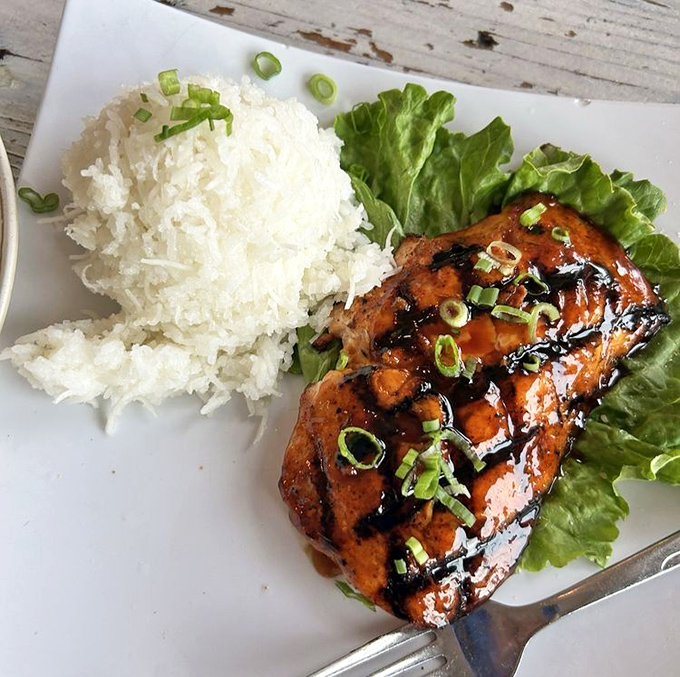 Teriyaki salmon that glistens like Florida sunshine, paired with rice so fluffy it could float away if not anchored by that glorious fish.