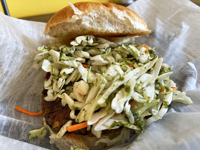 Even vegetarians get the royal treatment with this hearty veggie burger topped with zesty slaw&mdash;proof that meatless doesn't mean joyless.