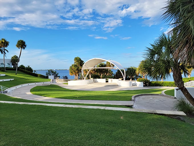 Another perspective of the waterfront amphitheater shows how perfectly it's nestled between swaying palms and the shimmering Indian River Lagoon.