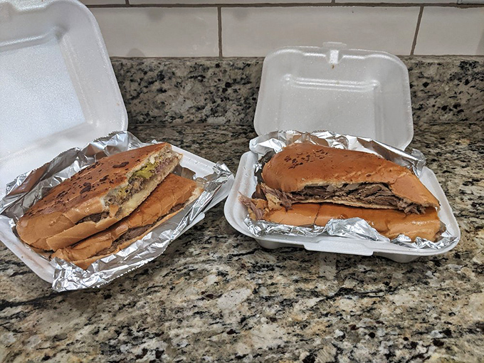 Two sandwiches, twice the joy. The foil wrapping keeps these beauties warm until the first heavenly bite.