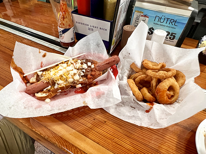 7. chili dog and onion rings