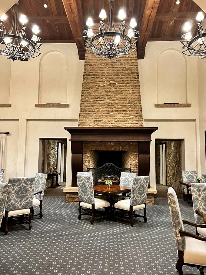 The clubhouse interior features soaring ceilings and massive fireplaces that make you want to recite poetry or at least pretend you remember some from high school.