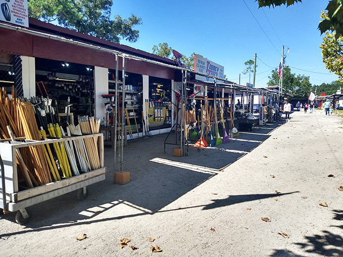 Vendors display their wares under covered walkways, creating a neighborhood of commerce where tools, toys, and treasures compete for shoppers' attention and dollars.