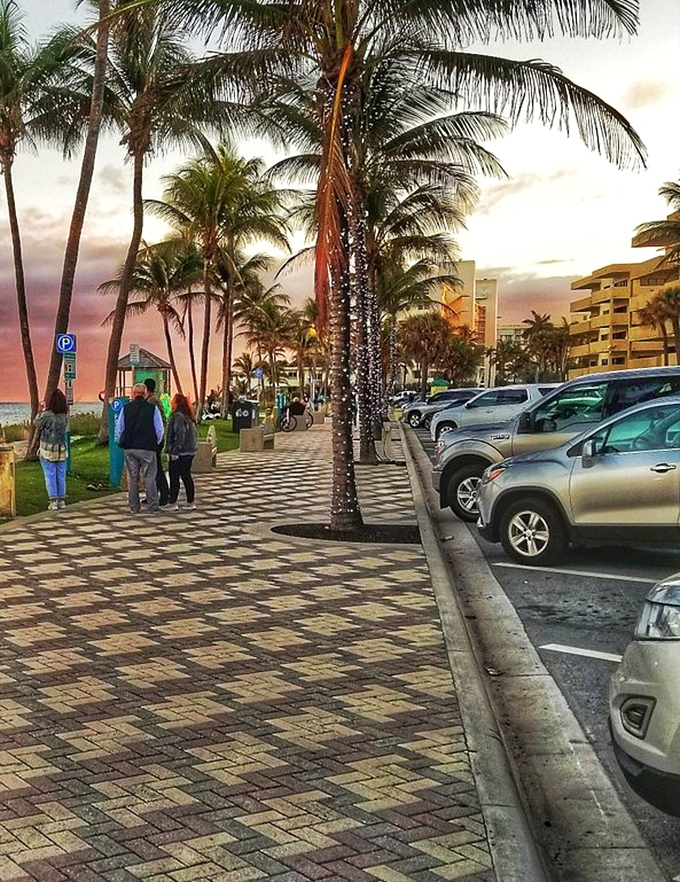 Sunset transforms the parking area into a magical space where ordinary cars become silhouettes against nature's light show.
