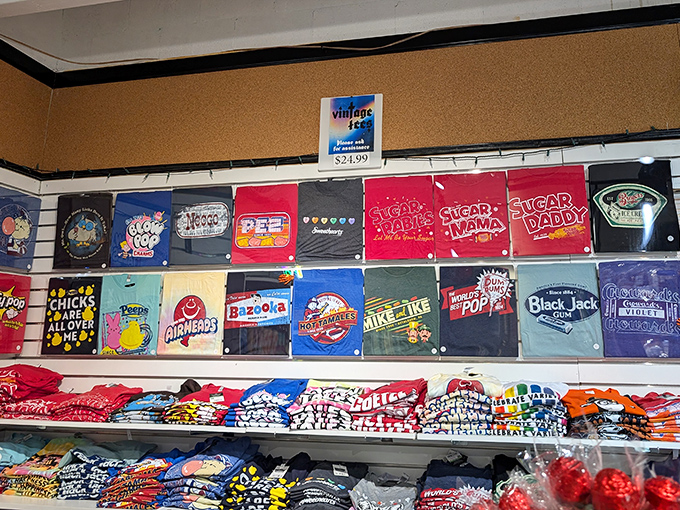 Vintage candy shirts display nostalgic brands that transport you back to childhood with just a glance.
