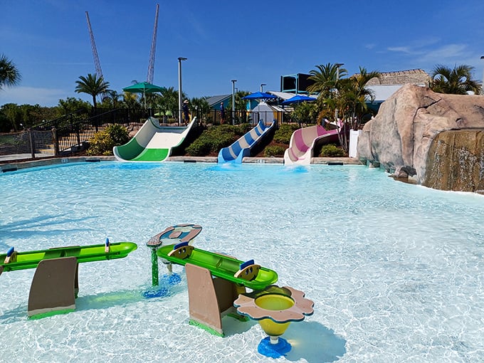 Little ones explore their aquatic independence in this toddler-friendly splash zone, where every feature is sized just right.