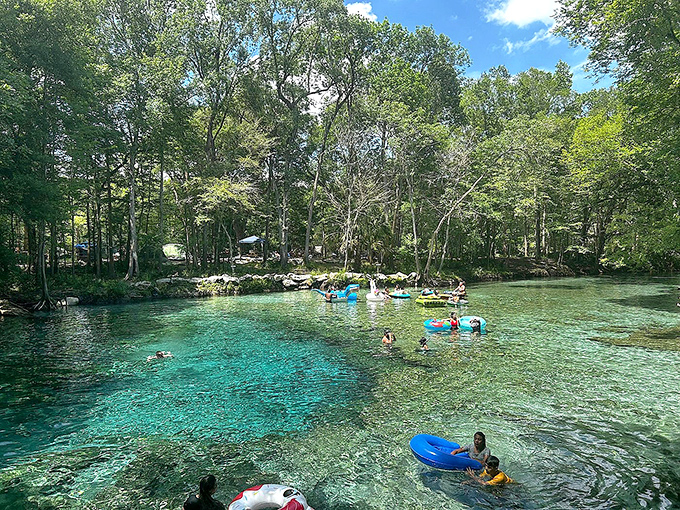 Ginnie Springs' crystal waters host happy swimmers and tubers, creating a community of joy in this natural playground.