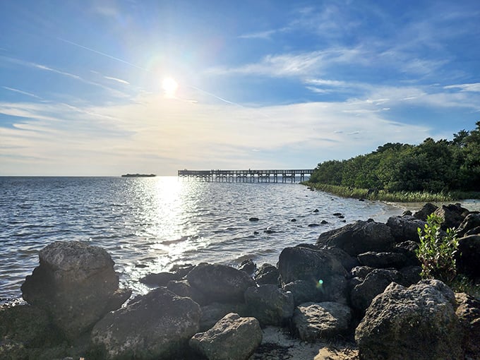 The fishing pier at Fort Island Gulf Beach stretches toward the horizon, offering both anglers and sunset-watchers the perfect vantage point.
