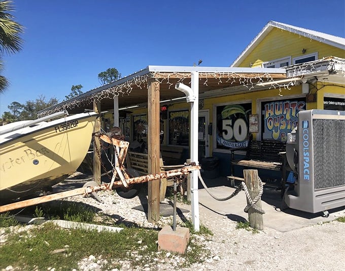 Simple picnic tables and an American flag signal authentic Florida dining. Hunt's no-nonsense approach has kept oyster lovers coming back for generations.
