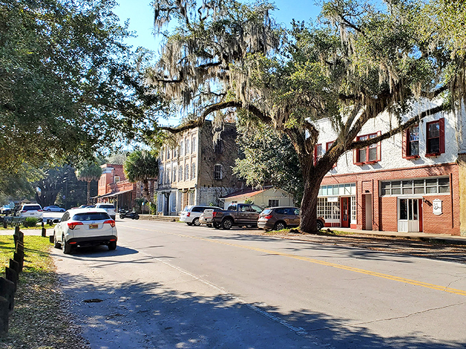 The town's main street preserves its 19th century charm with brick buildings housing antique shops and local businesses.