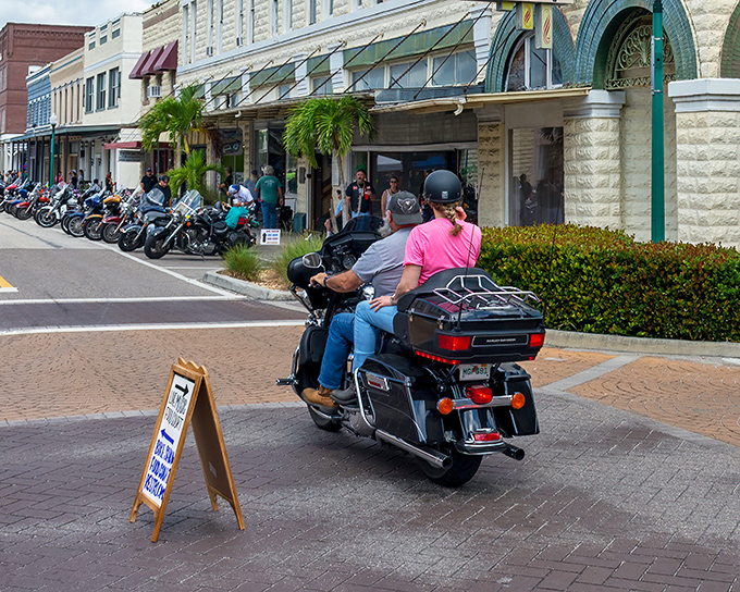 Motorcycles line Arcadia's Main Street during a rally, their chrome gleaming against historic storefronts in this town where old and new coexist beautifully.