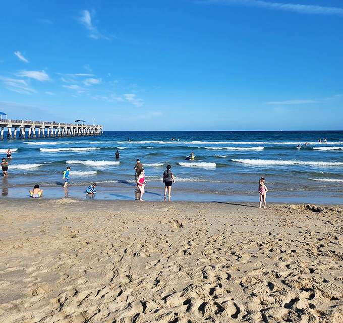 Beachgoers enjoy the golden sands adjacent to the pier, where lifeguards ensure safe swimming away from fishing lines.