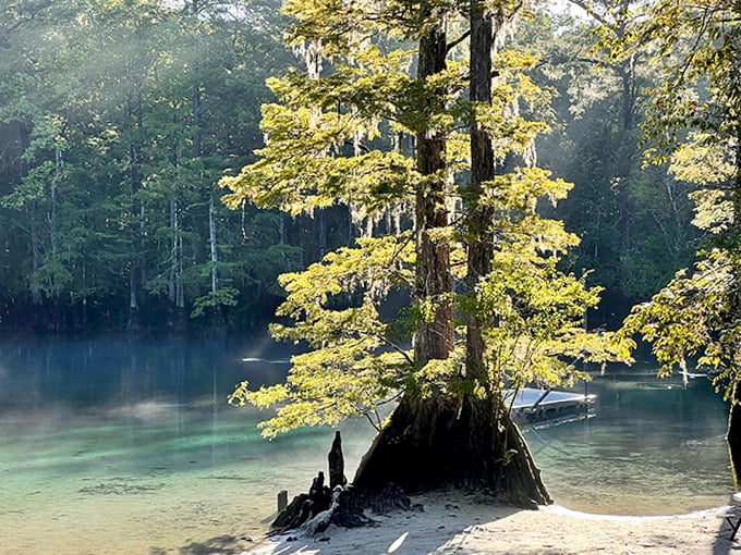 A lone cypress stands sentinel in emerald waters, its golden foliage catching sunlight like nature's own stained glass window.