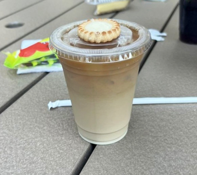 This creamy iced coffee comes topped with a tiny cookie &ndash; because apparently your dessert needs its own dessert.