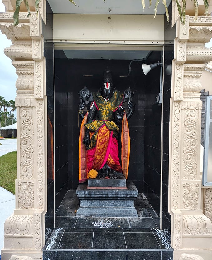 Lord Balaji stands resplendent in vibrant garments, adorned with flowers and looking better dressed than most of us on our best days.