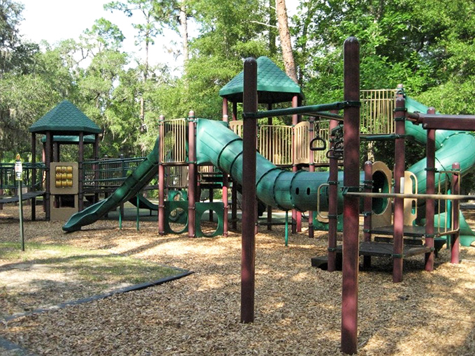 The playground offers land-based fun for water-logged kids who somehow still have energy to burn.