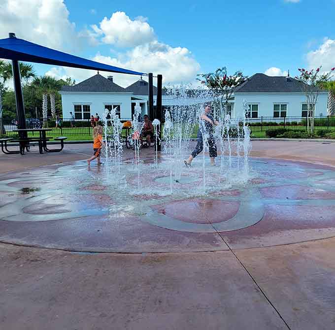 Water jets dance and spray in unpredictable patterns, creating chaos that children find absolutely irresistible and parents find absolutely soaking.