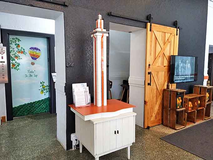 Tower Interior Display: A miniature model of the tower greets visitors inside, a charming reminder of the era when roadside attractions celebrated themselves with unabashed enthusiasm.