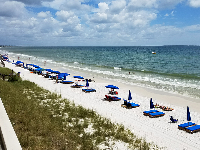 Blue umbrellas stand at attention like loyal soldiers, guarding beachgoers from the Florida sun that means serious business year-round.
