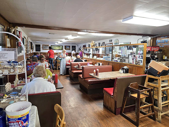The dining area hums with conversation and the satisfied sounds of serious eating. Notice the lack of people staring at phones &ndash; the food demands full attention.