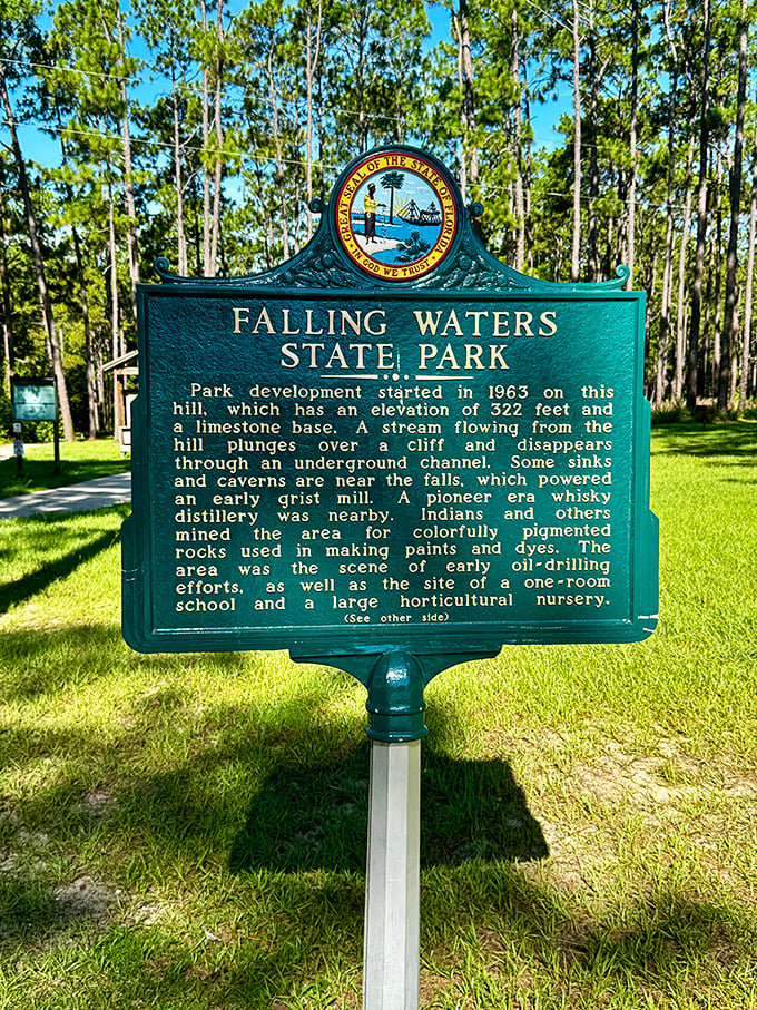 This historical marker reveals the park's fascinating past &ndash; from Native American pigment mining to pioneer whiskey distilling and failed oil ventures.
