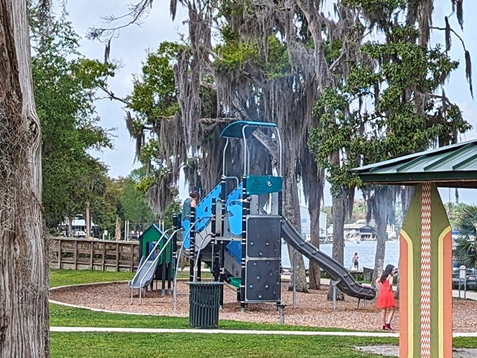 The playground offers land-based adventures for little ones who somehow still have energy after swimming all morning.