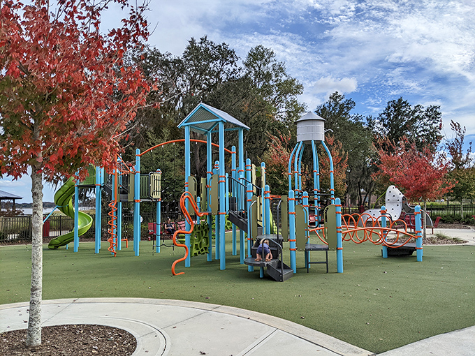 This playground proves childhood fun has evolved since our metal-slide-burning-thigh days, with colorful equipment for modern adventurers.