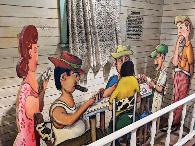 Dominoes weren't just a game but a social institution in old Key West, captured here with Sanchez's characteristic humor and attention to detail.