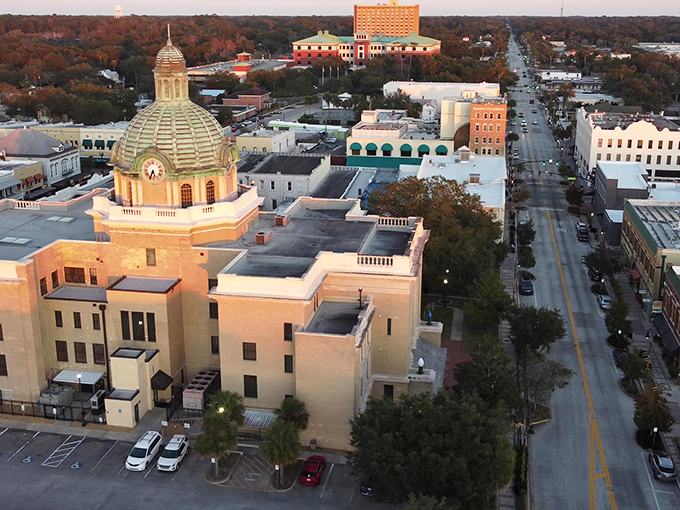 Golden dome glory! DeLand's impressive courthouse catches sunset light like a copper crown jewel.