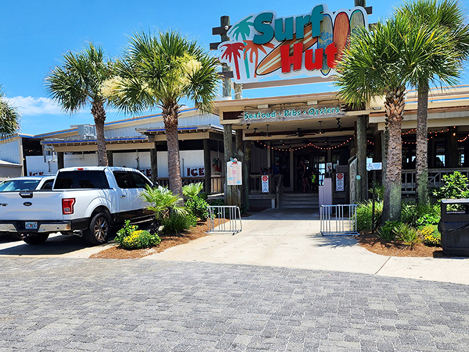 The Surf Hut's beachfront location in Destin combines rustic charm with prime Gulf views for a perfect Florida dining experience.