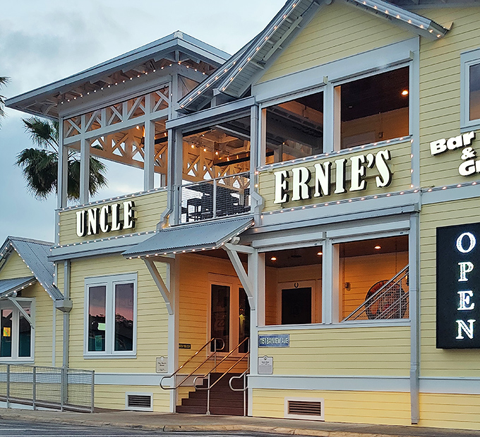 Uncle Ernie's cheerful yellow building brightens the waterfront. The multi-level design offers diners different perspectives of the stunning bay views.