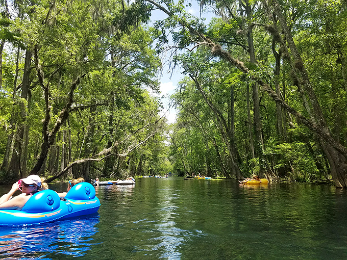The crystal-clear waters of Ichetucknee Springs reflect the sky above, while kayakers explore this natural paradise.