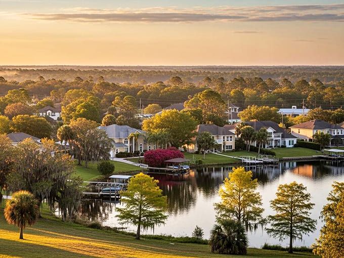 Golden hour light dancing across waterfront homes creates those postcard moments that make Florida living feel magical every single evening.