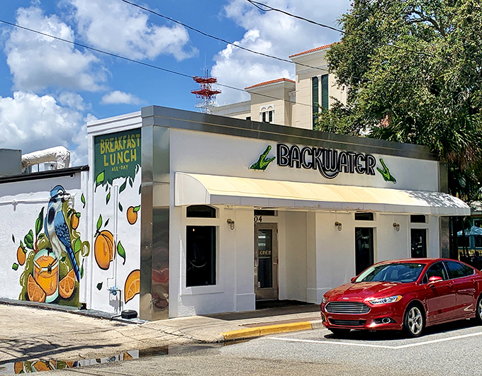 Backwater's vibrant citrus-themed mural promises Florida freshness before you even step through the door for breakfast.