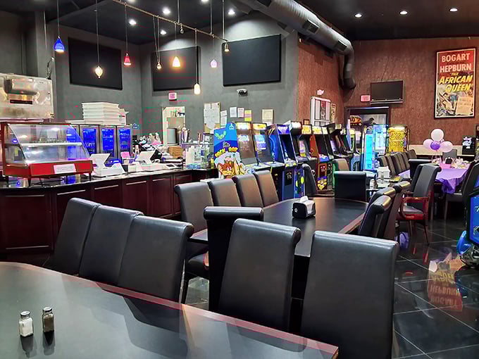 The dining area offers a welcome respite from excitement, where families refuel with surprising culinary delights beyond typical park fare.