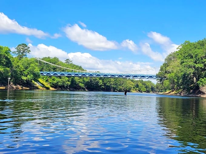 The river's perspective makes the bridge look like it's floating, suspended not just by cables but by some kind of engineering magic.