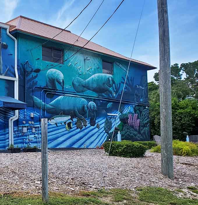 The exterior murals transform ordinary walls into underwater scenes, featuring manatees that look friendlier than your average marine mammal encounter.