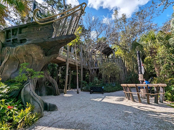 A wooden vessel that seems to have sailed right into the jungle, offering adventures for young explorers and the young at heart.