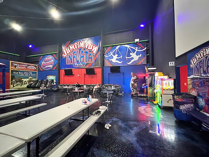 Arcade games offer a different kind of entertainment, perfect for catching your breath between bouncing sessions.