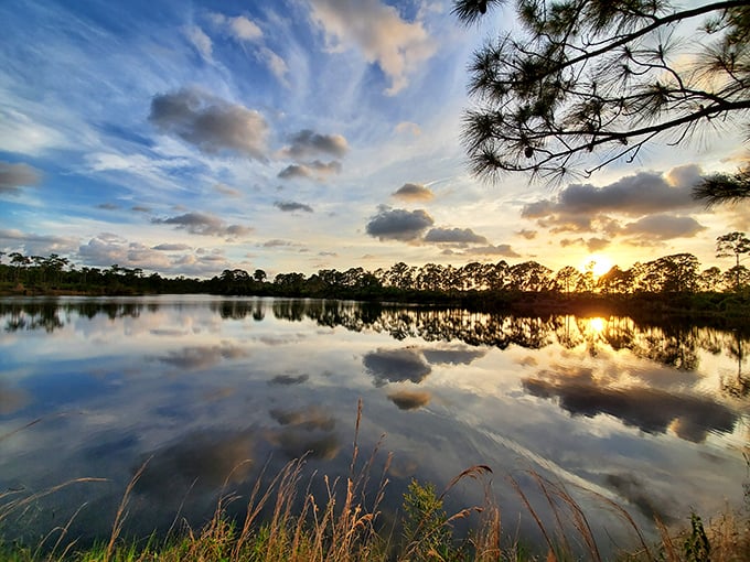 As day surrenders to evening, the sky performs its daily masterpiece, painting clouds in impossible colors that reflect perfectly on the still water.