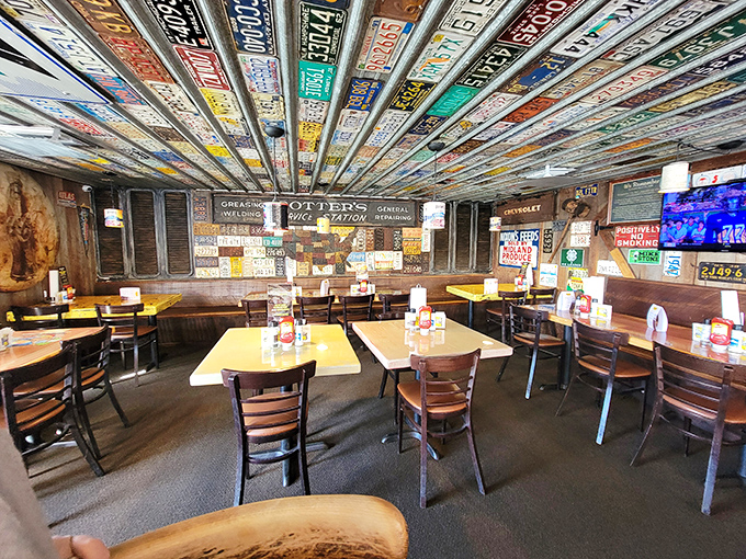 The dining room's organized chaos of vintage signs and memorabilia creates the perfect backdrop for meals that are equally unrestrained in their delicious abundance.