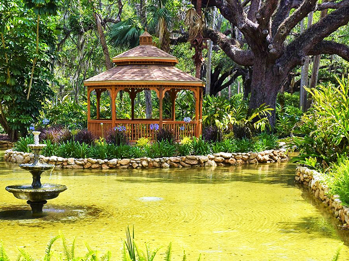 This wooden sanctuary surrounded by golden waters proves Florida gardens can rival any European estate.