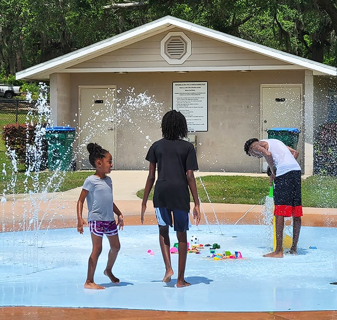 Joy is contagious as children explore the splash pad's blue surface, their expressions showcasing the universal language of water-based happiness.
