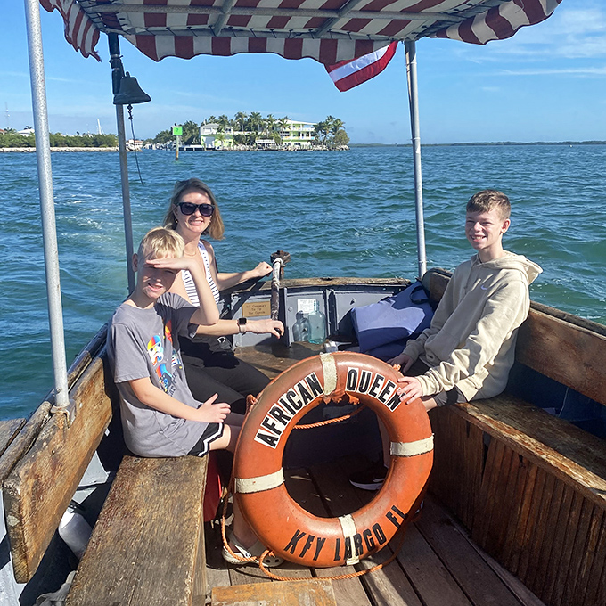"Key Largo, FL" proudly displayed on the life preserver &ndash; a perfect photo opportunity connecting the boat to its current tropical home.
