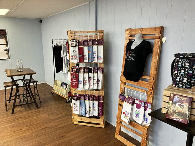 Beyond bottles: Clever merchandise displays feature wine-themed goodies that let visitors take home a taste of Bluefield's charm and humor.