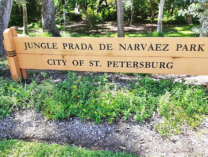 The official welcome sign stands sentinel, marking the boundary between modern St. Petersburg and this ancient Florida time capsule.