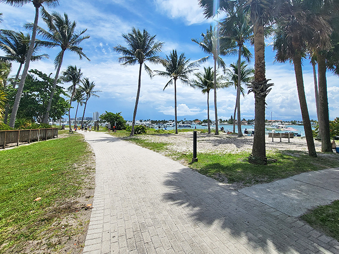 The paved pathway guides visitors around the island's perimeter, offering postcard-worthy views with every step of your self-guided tour.