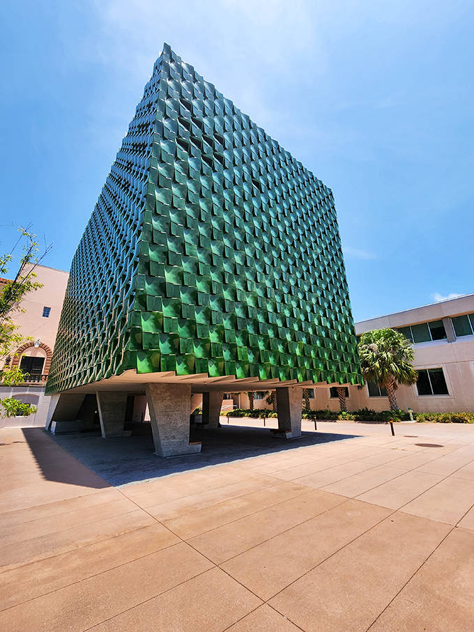 The Center for Asian Art's modern jade-green fa&ccedil;ade creates a striking contrast to the estate's Mediterranean architecture.